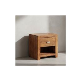 KADIMA DESIGN Rustikale Landhaus-Nachtkonsole aus massivem Sheesham-Holz, mit Ablagefl&auml;che und Schublade, eleganter chromfarbener Griff