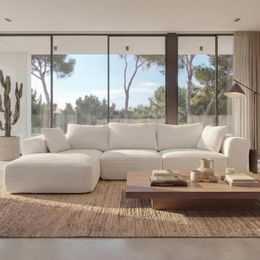 Sofa-Garnitur MCW-P20, 3-Sitzer Couch Loungesofa, Stoff/Textil Cord (370 g/m&sup2;) Liegefl&auml;che links ~ wei&szlig;