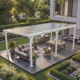 Alu-Pergola MCW-O23, Pavillon Terrassen&uuml;berdachung, stabiles 10cm-Gestell Polycarbonat-Dach Regenrinne 3x6m ~ wei&szlig;