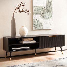 Lowboard FineBuy TV Schrank 150 cm Schwarz T&uuml;ren Fernsehkommode Eiche Modern