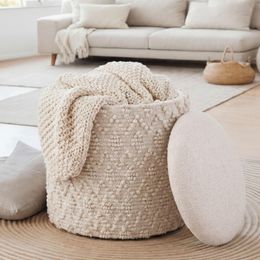 FineBuy Sitzhocker mit Stauraum Wolle 40cm Creme Stoffhocker Rund Polsterhocker Stoff