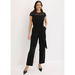 bonprix Overall aus feinem Jersey mit Spitze, schwarz, Gr.40/42 (M), Modern und feminin: Overall aus feinem Jersey mit Spitze im Oberteil und Bindeband an der Taille