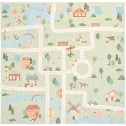 Lindorug Kinderteppich Living Ecovia, waschbar, Pastellblau, Salbeigr&uuml;n, Aprikose, Textil, Bauernhof, quadratisch, 120x120 cm, Oeko-Tex&reg; Standard 100, f&uuml;r Fu&szlig;bodenheizung geeignet, rutschfest, in verschiedenen Gr&ouml;&szlig;en erh&auml;ltlich, wasserabweisend, schmutzabweisend, Hausstauballergiker feuchtraumgeeignet, stuhlrollengeeignet, waschbar, pflegeleicht, strapazierf&auml;hig, rei&szlig;fest, rutschfeste Unterfl&auml;che,