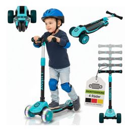 Juskys&reg; Kinderroller Lumox Blau - LED-Rollen mit 4-Farb-Blinkeinstellung, h&ouml;henverstellbarer Kinderscooter, klappbar & Hinterradbremse, Dreiradscooter