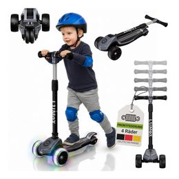 JUSKYS&reg; Kinderroller Lumox Schwarz - LED-Rollen mit 4-Farb-Blinkeinstellung, h&ouml;henverstellbarer Kinderscooter, klappbar & Hinterradbremse, Dreiradscooter