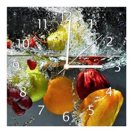 Wallario Uhr 30 x 30 cm, wei&szlig;e Zeiger Fr&uuml;chte im und unter Wasser - Splashing Fruits