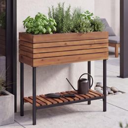 Hochbeet MCW-P84, Pflanzbeet Blumen-/Pflanzkasten Pflanzk&uuml;bel, Ablage Outdoor Akazie Holz MVG 79x80x31cm ~ hellbraun