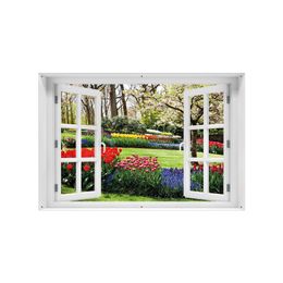Wallario Gartenposter ca. 100 x 150 cm mit Fenster-Illusion Bunte Blumen und Kirsch-Baum im Park bl&uuml;hen im Fr&uuml;hling