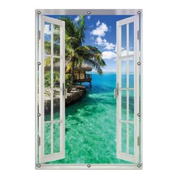 Wallario Gartenposter ca. 80 x 120 cm Fenster-Illusion Karibisches Meer ? Einsame H&uuml;tte unter Palmen