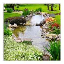Wallario Gartenposter Rund, 120 cm Durchmesser Blumen am Teich