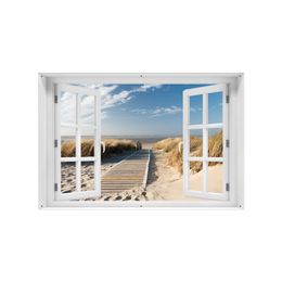Wallario Gartenposter ca. 80 x 120 cm Fenster-Illusion Auf dem Holzweg zum Strand