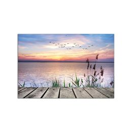 Wallario Gartenposter ca. 120 x 180 cm Seepanorama mit Schilf und fliegenden V&ouml;geln