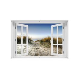 Wallario Gartenposter ca. 100 x 150 cm mit Fenster-Illusion Weg durch die D&uuml;nen zum Strand am Meer