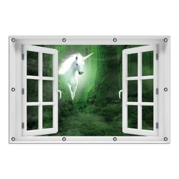 Wallario Gartenposter ca. 80 x 120 cm Fenster-Illusion Wei&szlig;es Einhorn im gr&uuml;nen Wald