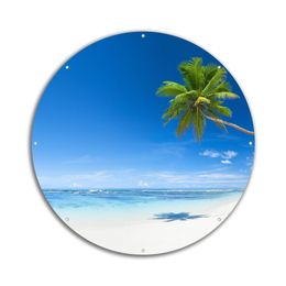 Wallario Gartenposter ca. 120 x 180 cm Wei&szlig;er Sandstrand am Meer - Ein Traum unter Palmen