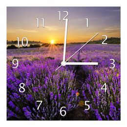 Wallario Uhr 30 x 30 cm, wei&szlig;e Zeiger Sonnenuntergang &uuml;ber dem Lavendel