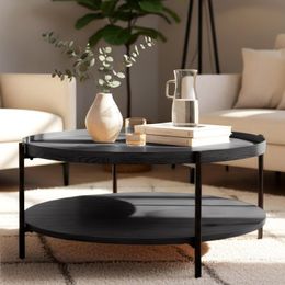 CLP Couchtisch rund Holz Corbitan, Sofatisch 2 Ebenen mit Stauraum, Beistelltisch klein Metallgestell schwarz