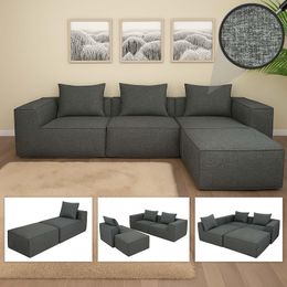 L-Sofa MCW-O54, Lounge-Couch mit Ottomane, erweiterbar modular rechts/links, Stoff/Textil 63x270x190cm ~ dunkelgrau