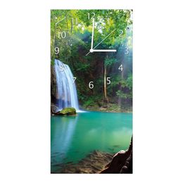 Wallario Uhr 30 x 60 cm, wei&szlig;e Zeiger Wasserfall im Wald am See Idylle in Thailand