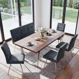 Esszimmer-Set MCW-G55, 4er-Set Stuhl + Sitzbank 180cm, Edelstahl geb&uuml;rstet Stoff/Textil Chenille ~ blau-gr&uuml;n