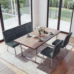 Esszimmer-Set MCW-G55, 2er-Set Stuhl + Sitzbank 180cm, Edelstahl geb&uuml;rstet Stoff/Textil Chenille ~ blau-gr&uuml;n