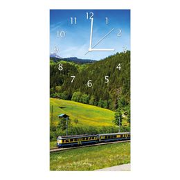 Wallario Uhr 30 x 30 cm, wei&szlig;e Zeiger Eisenbahn in einer Sommerlandschaft in der Schweiz