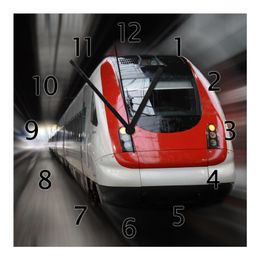 Wallario Uhr 30 x 30 cm, wei&szlig;e Zeiger Fahrender Zug von vorn in rot- Perspektive von vorn