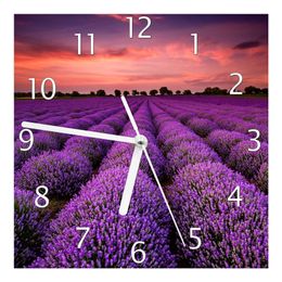 Wallario Uhr 30 x 30 cm, wei&szlig;e Zeiger Lavendelfeld unter rotem Himmel