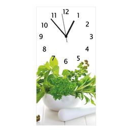 Wallario Uhr 30 x 30 cm, wei&szlig;e Zeiger Welt der Kr&auml;uter - verschiedene Kr&auml;uter in einem wei&szlig;en M&ouml;rser
