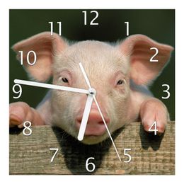 Wallario Uhr 30 x 30 cm, wei&szlig;e Zeiger S&uuml;&szlig;es Ferkel auf dem Bauernhof in Nahaufnahme