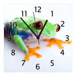 Wallario Uhr 30 x 30 cm, schwarze Zeiger Lustiger Frosch in gr&uuml;n und orange