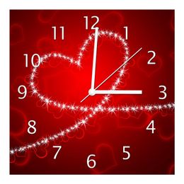 Wallario Uhr 30 x 60 cm, wei&szlig;e Zeiger Leuchtendes Herz aus Sternen vor rotem Hintergrund