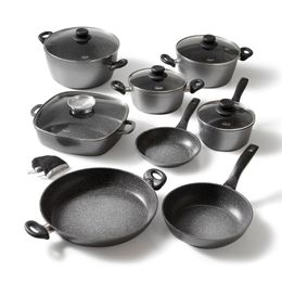 Stoneline Topfset Induktion, 13-teiliges Topfset mit Deckel, Kochtopf Set beschichtet mit echten Steinpartikeln, Aluguss T&ouml;pfe und Pfannen geeignet f&uuml;r alle Herdarten