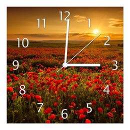 Wallario Uhr 30 x 60 cm, wei&szlig;e Zeiger Mohnblumenwiese bei Sonnenuntergang am Abend