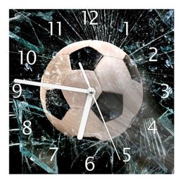 Wallario Uhr 30 x 30 cm, wei&szlig;e Zeiger Fu&szlig;ball - im Fenster, Splitter und Glas