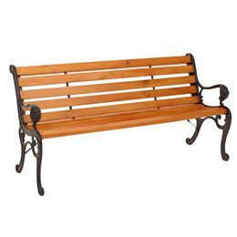 Gartenbank MCW-O25, Sitzbank Parkbank Holzbank 3-Sitzer, Gusseisen Holz Kiefer, 164cm ~ teak