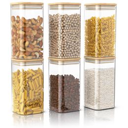 arendo Vorratsgl&auml;ser 6er-Set, je 1,2 l, quadratisch, Borosilikatglas mit Bambusdeckel und Silikondichtung, luftdicht