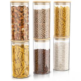 arendo Vorratsgl&auml;ser 6er-Set, je 2,2 l, rund, Borosilikatglas mit Bambusdeckel und Silikondichtung, luftdicht