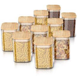 arendo Vorratsgl&auml;ser 10er-Set, je 1,65 l, quadratisch, Borosilikatglas mit Bambusdeckel und Silikondichtung, luftdicht