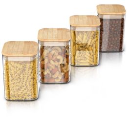arendo Vorratsgl&auml;ser 4er-Set, je 1,2 l, quadratisch, Borosilikatglas mit Bambusdeckel und Silikondichtung, luftdicht