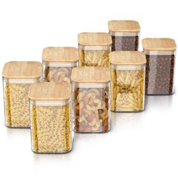 arendo Vorratsgl&auml;ser 8er-Set, je 1,65 l, quadratisch, Borosilikatglas mit Bambusdeckel und Silikondichtung, luftdicht