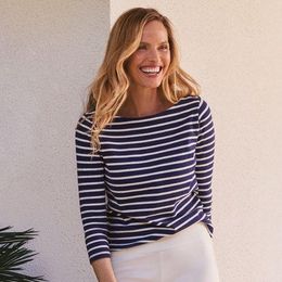 LANDS' END Gestreiftes Baumwollshirt mit 3/4-&Auml;rmeln f&uuml;r Damen in Petite-Gr&ouml;&szlig;e, Damen, size: petite, Blau, Baumwolle, by Lands' End