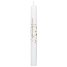 Symbolkerze mit Druck- und Wachsmotiv - Blumenkranz mit Kreuz, Fisch und Wellen ...