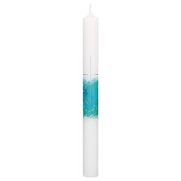 Symbolkerze mit Druck- und Wachsmotiv - Blau-gr&uuml;ner Hintergrund mit Kreuz, Fisch...