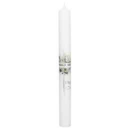 Symbolkerze mit Druck- und Wachsmotiv - Blumen mit Kreuz, Fisch und Wellen in Si...