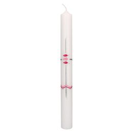Taufkerze mit aufgelegtem Wachsmotiv f&uuml;r M&auml;dchen - rosa Fische und Kreuz in Silb...