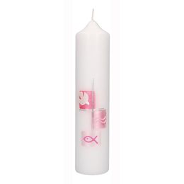 Taufkerze mit Wachsmotiv Taube mit Kreuz in Silber, Fisch und Wellen in Rosa (1 ...