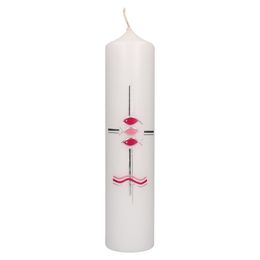 Taufkerze mit aufgelegtem Wachsmotiv f&uuml;r M&auml;dchen - rosa Fische und Kreuz in Silb...
