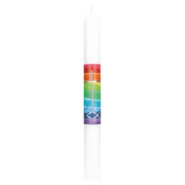 Symbolkerze 400x40 mm Wachsmotiv - Regenbogenfarben mit Fisch und Kreuz in Silbe...