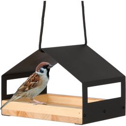 WONDERMAKE&reg; Design Vogelhaus aus Metall und Holz wetterfest zum Aufh&auml;ngen , modernes Vogelfutterhaus klein Metalldach h&auml;ngend , Vogelh&auml;uschen Futterhaus f&uuml;r V&ouml;gel , schwarz